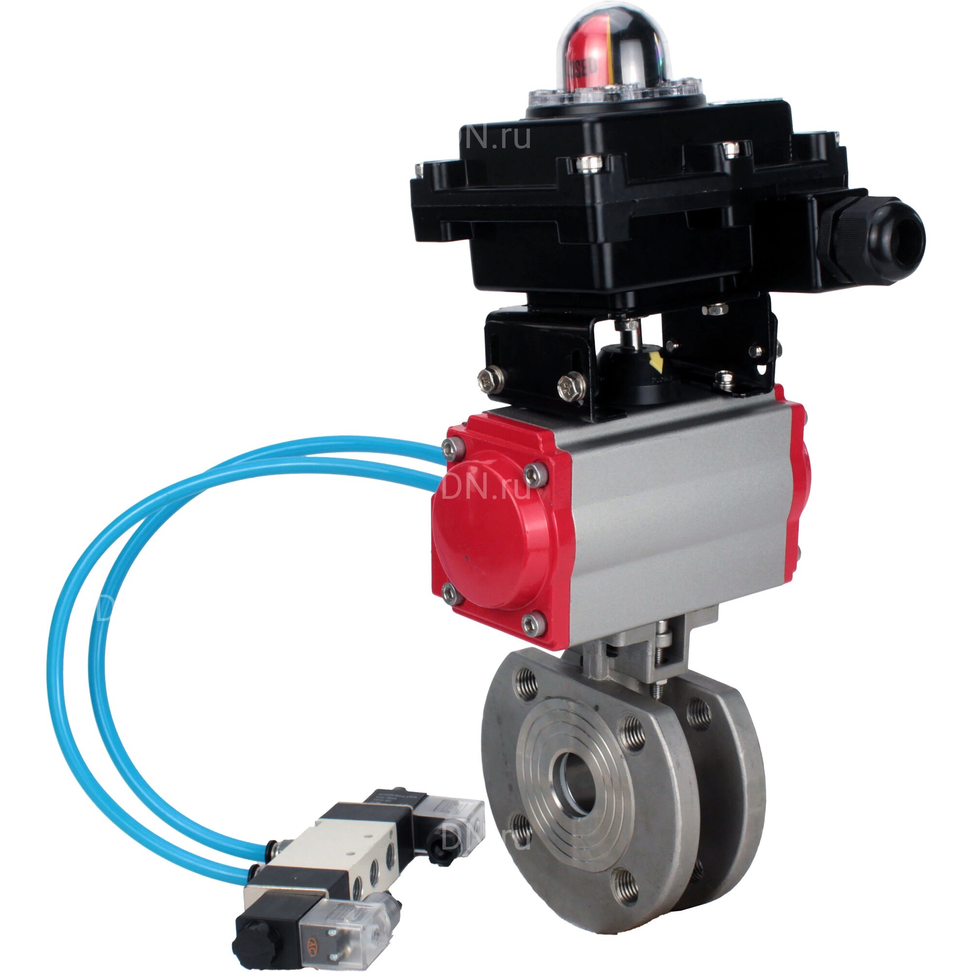 Кран шаровой DN.ru КШмФП 316.200 Ду40 Ру16, полнопроходной межфланцевый, нержавеющая сталь SS316, уплотнение - PTFE, с пневмоприводом SA-105 с возвратными пружинами, с пневмораспределителем PND1-S2EM-52-2-T10-220VAC, с БКВ LSB-410-02ExM12-250