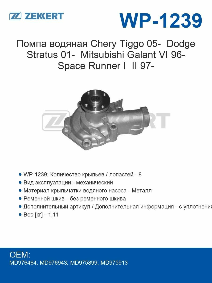 Zekkert Помпа водяная Chery Tiggo с 2005 г. Dodge Stratus с 2001 г. Mitsubishi Galant VI с 1996 г. Space Runner I II с 1997 г.