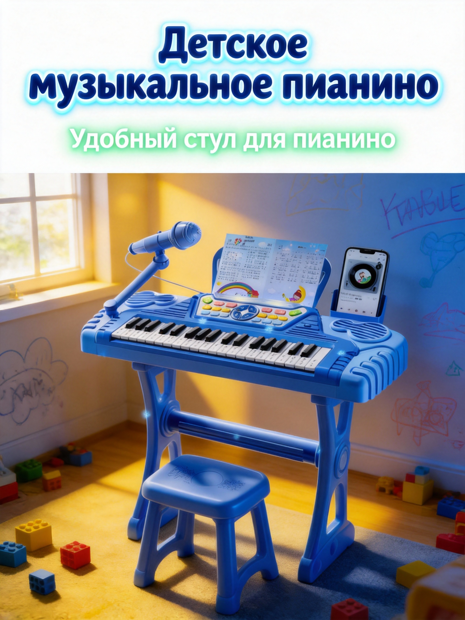 Детское пианино 37 клавиш с ножками, стульчиком и микрофоном на стойке — синтезатор с MP3 и USB, питание от сети или батареек, регулировка громкости