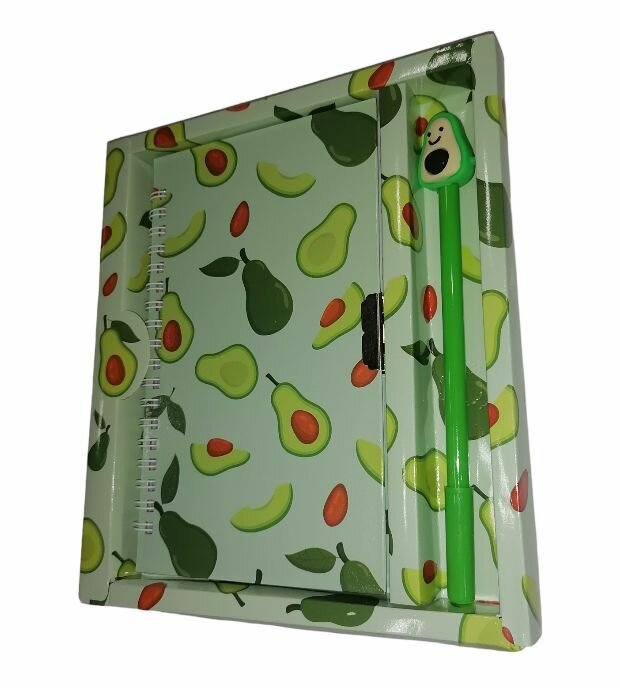 Набор блокнот и ручка с замочком Авокадо с коричневой косточкой