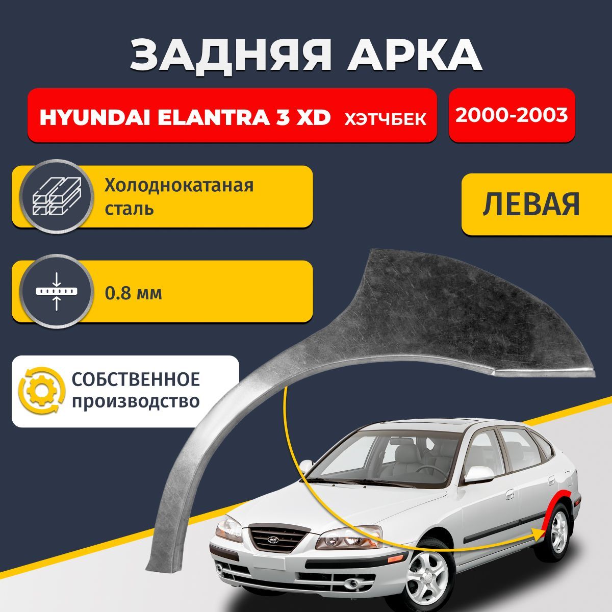 Левая задняя ремонтная арка для автомобиля Hyundai Elantra 3 XD хэтчбек 5 дверей (Хендай Элантра ХД). Холоднокатаная сталь 0,8мм.