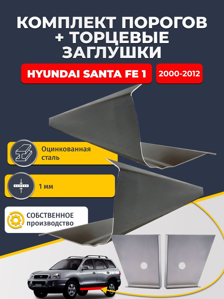 Комплект стандартных ремонтных порогов и торцевых заглушек на Hyundai Santa Fe 1 2000-2012 (Хендай Санта Фе), оцинкованная сталь 1 мм.