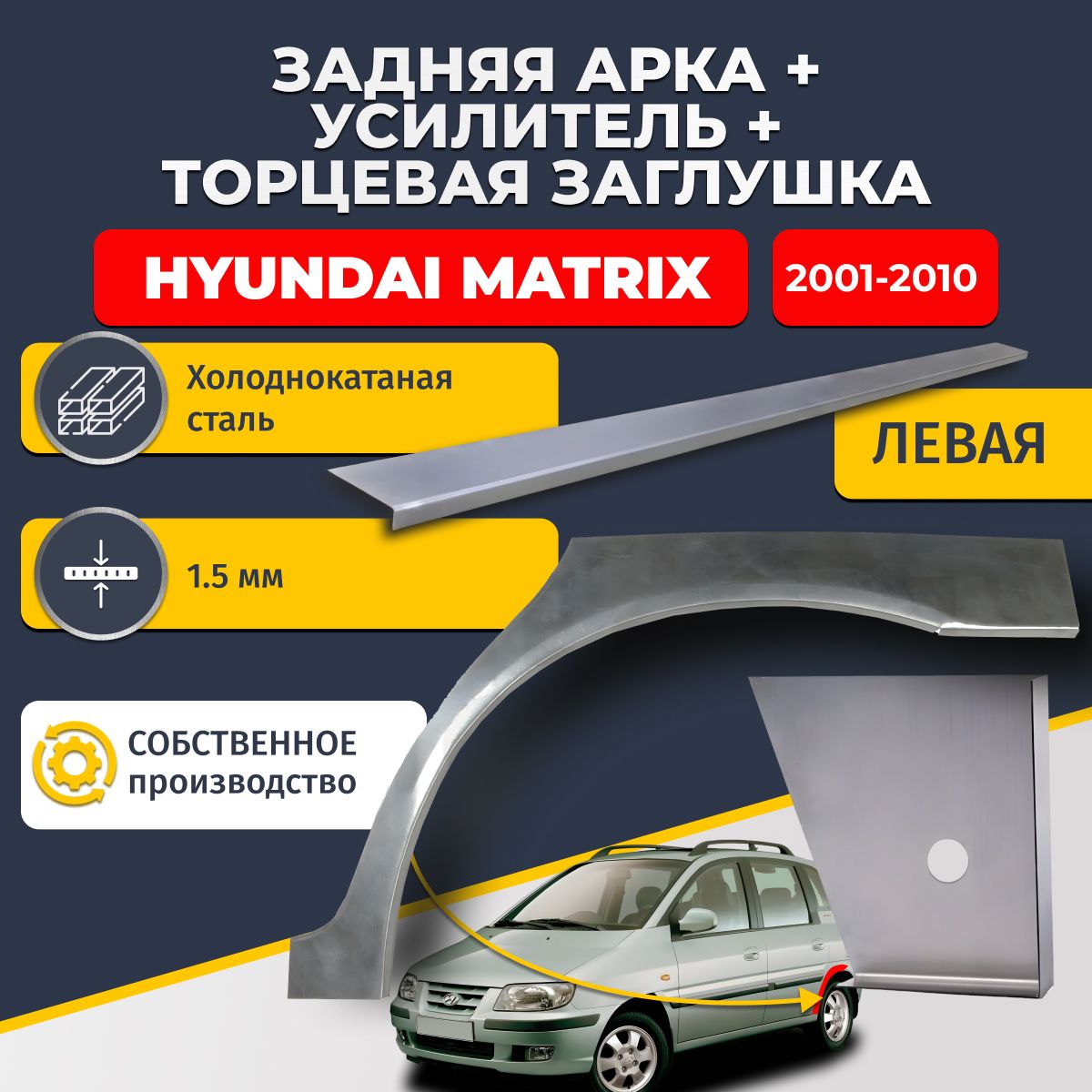 Левая ремонтная задняя арка (0,8 мм) + торцевая заглушка (1,5 мм) + усилитель (1,5 мм) на Hyundai Matrix 2001-2010 (Хендай Матрикс). Холоднокатаная сталь