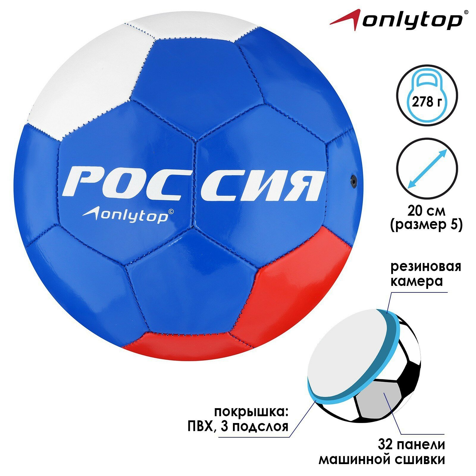Мяч футбольный ONLYTOP «Россия», ПВХ, машинная сшивка, 32 панели, размер 5, 487616
