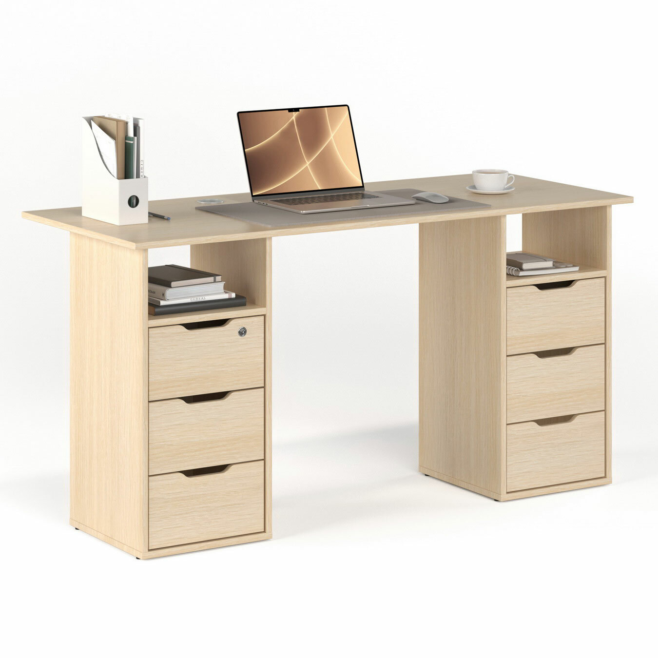 Двухтумбовый письменный стол с шестью ящиками 146х60 см МагМебель №73 дуб молочный