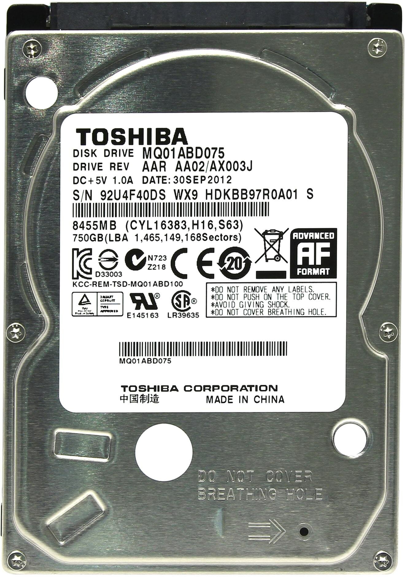Внутренний жесткий диск Toshiba 750 GB HDD 2.5 MQ01ABD075 для пк и ноутбуков