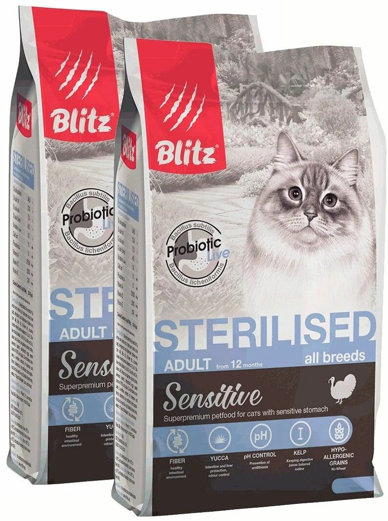 Корм сухой BLITZ Sensitive Adult Cats Sterilised 0,4 кг ( 2 шт) для стерилизованных кошек (индейка) полнорационный