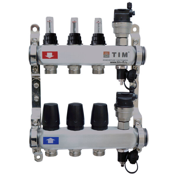 Коллектор для теплого пола TIM на 3 выхода с расходомерами из нержавеющей стали 1" - 3/4" евроконус KCS5003