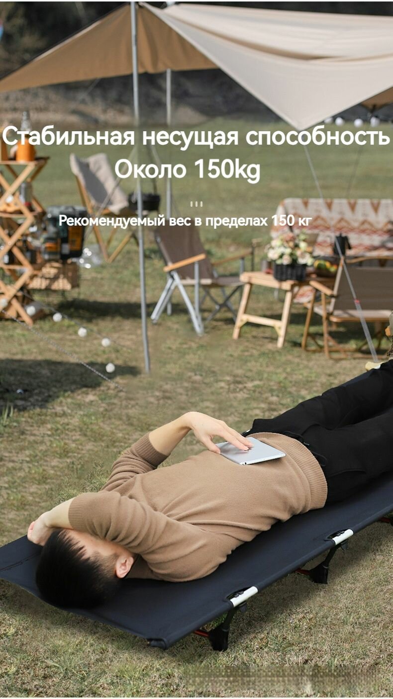 Кровать односпальная раскладная туристическая, раскладушка складная кемпинговая походная 190x65x15см, чёрный