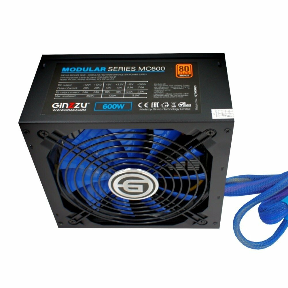 Блок питания Ginzzu MC600 14CM 80+Bronze, мощность 600Вт, черный