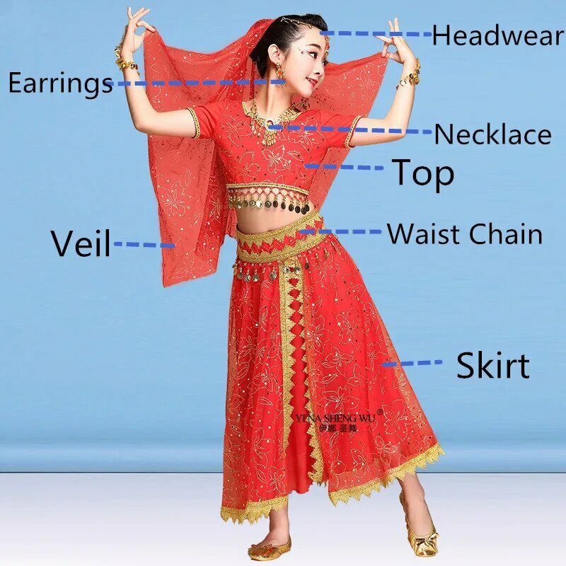 Детский костюм для танца живота YI NA SHENG WU 2/3/5/7/8 шт. XL, Red 7pcs