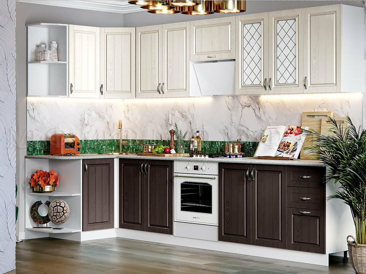 Кухня угловая Миф Настя 3,2х1,3м МДФ жемчуг/ шоколад, столешница Антарес