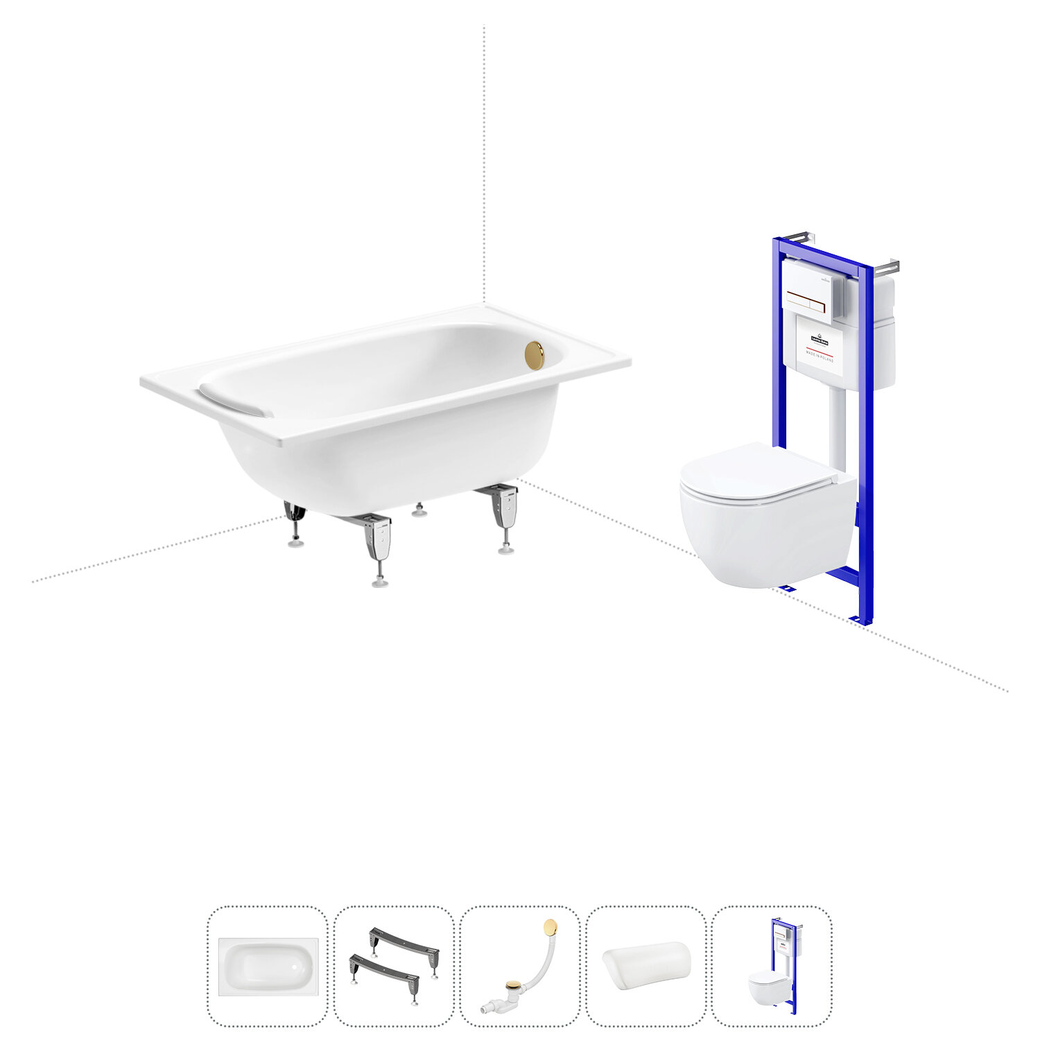 Стальная ванна 105х70 Sanitana BLB Europa 20220760R в наборе 5 в 1: металлическая ванна 105 х 70 см, ножки, слив-перелив, подголовник, инсталляция с унитазом