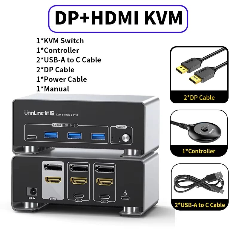 Unnlink KVM-переключатель 2 монитора 2 компьютера UK Plug