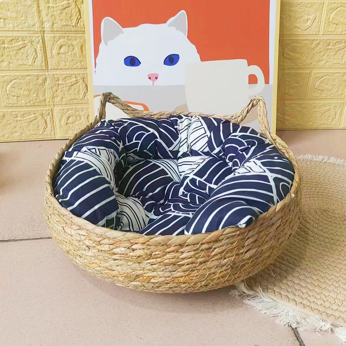 Лежанка для кошек с подушкой, плетеная корзинка для кошек и собак мелких пород из джута