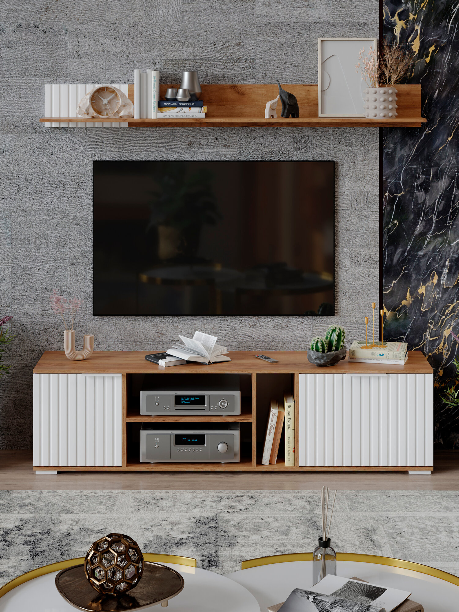 Гостиная Мебель Трия Хилтон №4, белый матовый/дуб крафт золотой, современная, с полкой