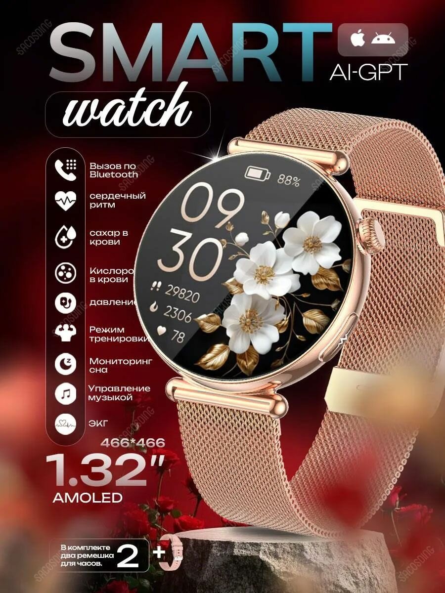 Умные часы женские наручные круглые, Smart Watch Edition 2025, для айфон/андроид, электронные ЭКГ, сахар в крови,