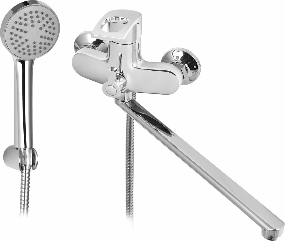Смеситель с длинным изливом для ванны Wisent WP22205 с душевым гарнитуром, поворотный, металлический, хром, глянцевый, смеситель для ванны с душем, рычажный, с настенным держателем
