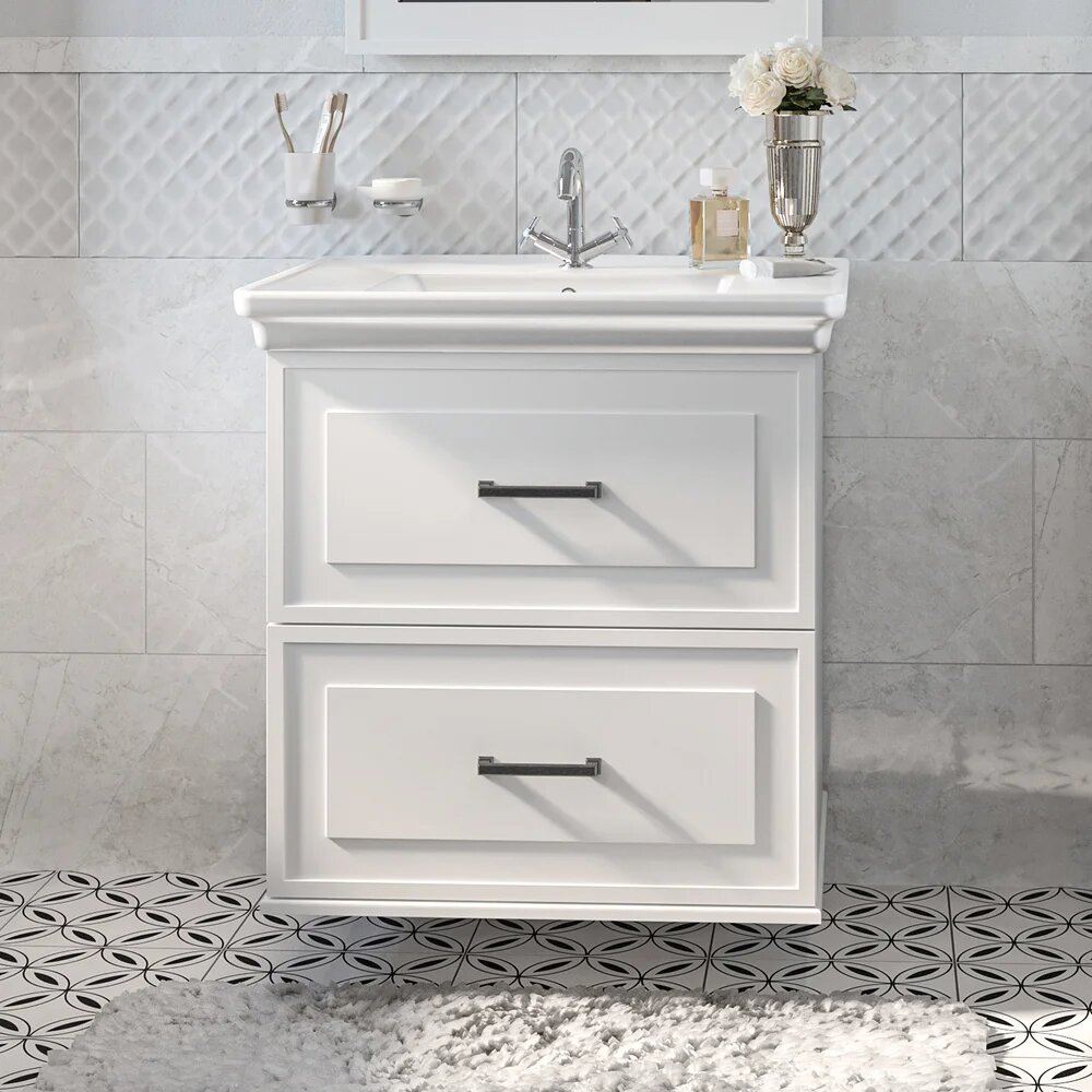 Тумба с раковиной Sanflor Модена подвесная, 76 см, белая, матовая, из МДФ, с ящиками, раковина для ванной фаянсовая, прямоугольная, встроенный слив-перелив