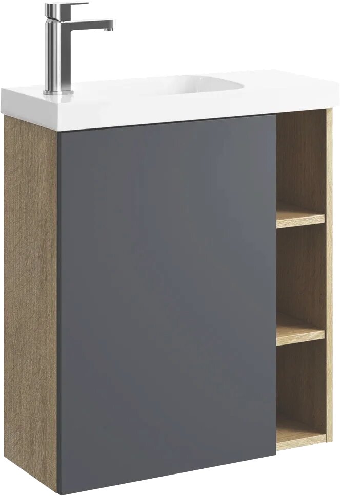 Тумба с раковиной Aqwella Alba подвесная, 60 см, серая, светлое дерево, матовая, из ЛДСП, с дверками, раковина для ванной из искусственного мрамора, прямоугольная