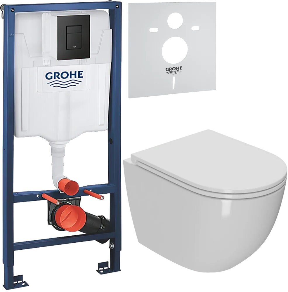 Комплект 3 в 1 Унитаз подвесной Bauedge Bau Dream Hurricane3 / Инсталляция с кнопкой Grohe Solido 38811KF0 цвет черный / Звукоизоляция 37131000