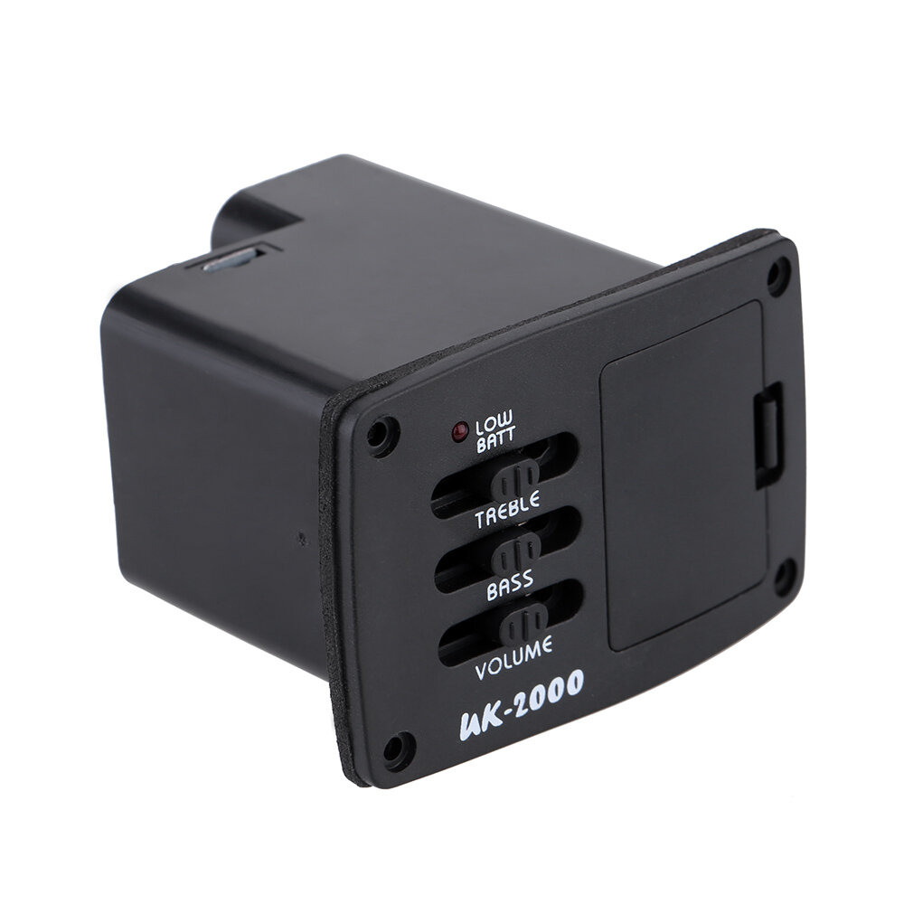 Акустический гитарный EQ преамп с пьезо, тюнером, регуляторами баса, тональности и громкости, активным разъемом 6.35мм, черный цвет, размер 6*4*5см, вес 58г, в комплект входят 1 EQ, 1 кабель, 1 медиатор, 4 монтажных винта, 1 гайка, 1 металлический шайба,