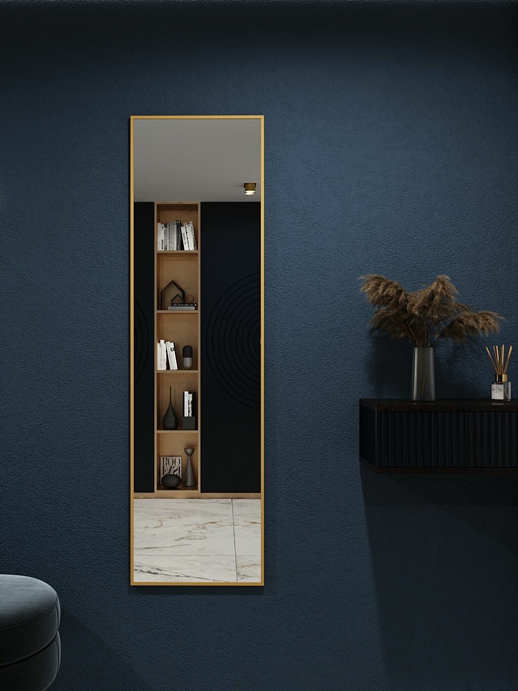 Зеркало настенное 161х40 см. ONE MARKET интерьерное в алюминиевой раме, Золотое