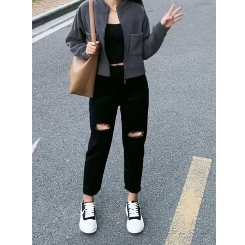 Женские джинсы LI Mall Эластичные чёрные джинсы — весна-лето плюс размер высокоходные рваные харлемские штаны, Размер_M