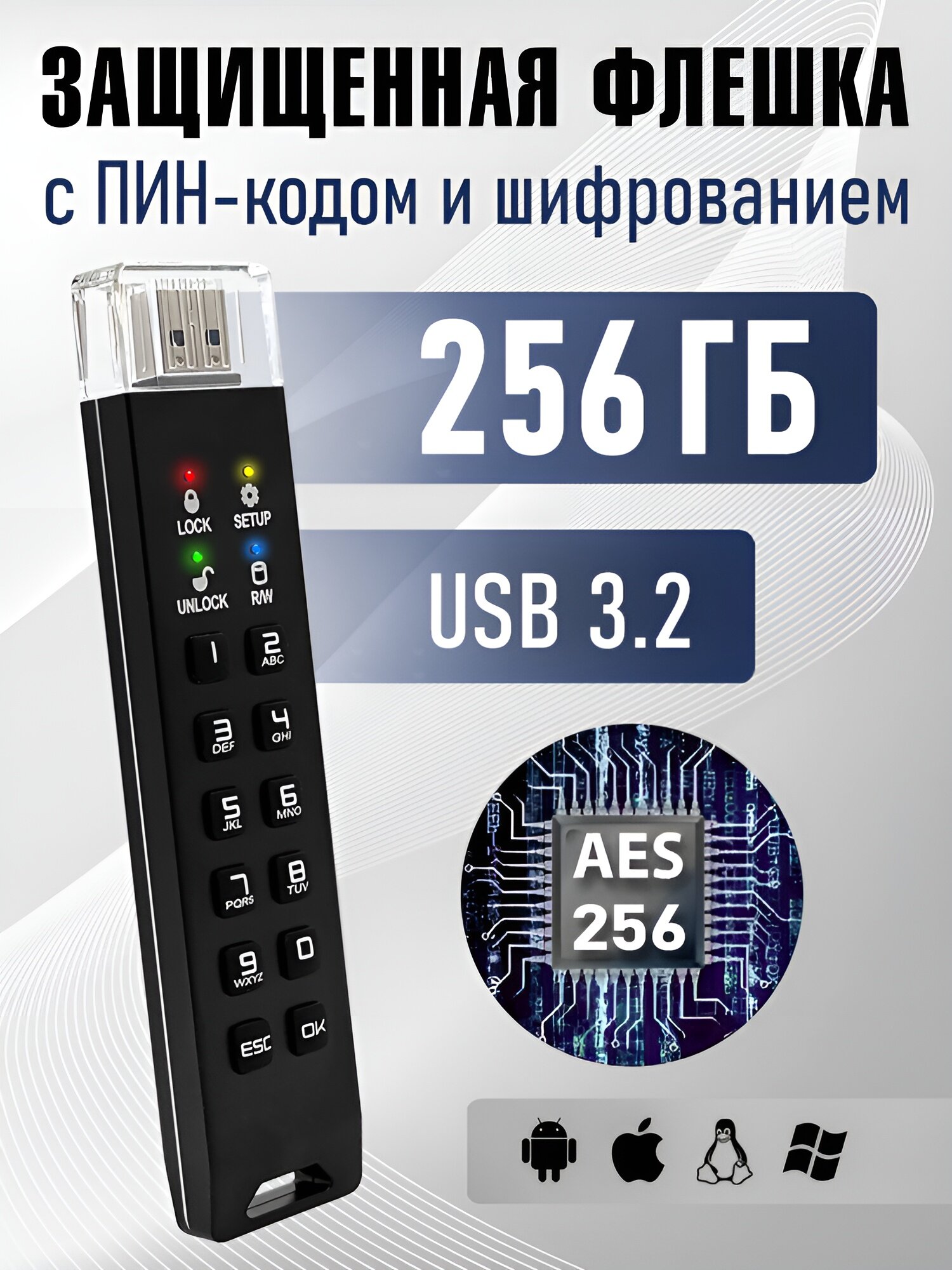 Флешка с пин-кодом и аппаратным шифрованием DataLock PRO4 256Gb , водонепроницаемая