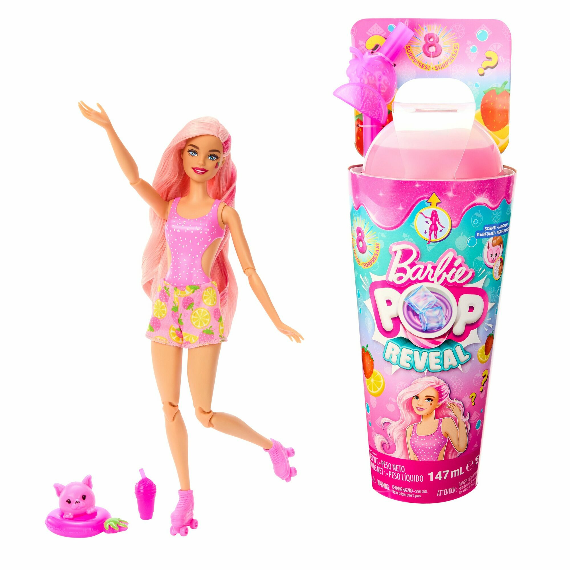 Кукла Barbie Pop Reveal Fruit Series Fizz, 8 сюрпризов, в том числе питомец, слайм, аромат и изменение цвета
