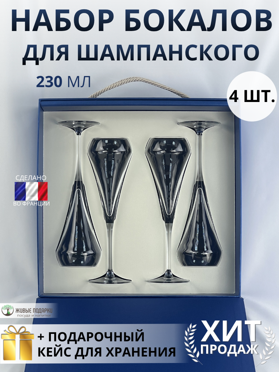 Бокалы Open Up "Chef & Sommelier", для шампанского, 230мл, 4шт, в коробке-чемодане, синие