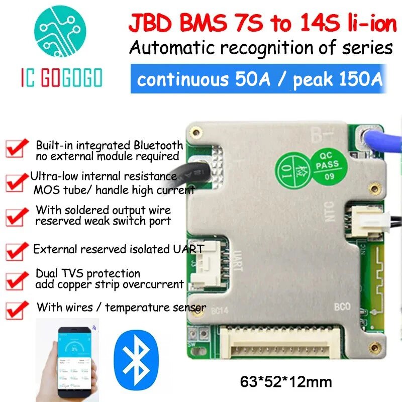 JBD BMS плата защиты аккумулятора 7S-14S Bluetooth 30A/50A/90A