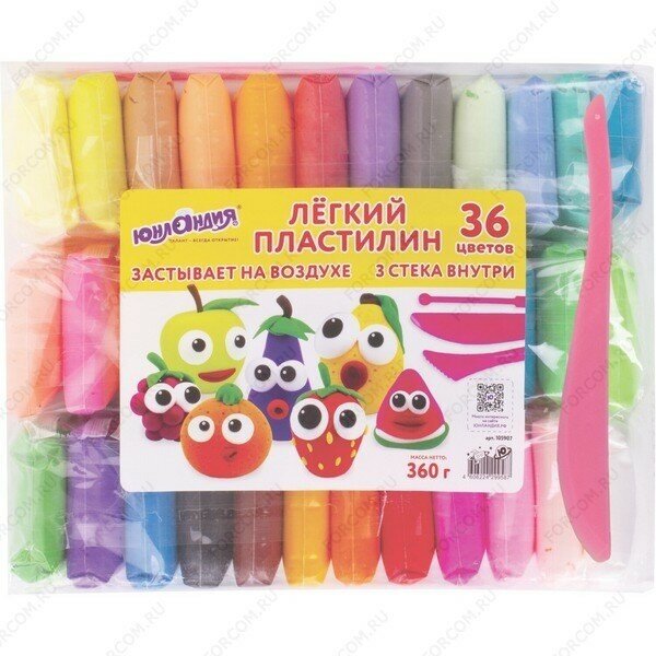 Пластилин супер лёгкий воздушный юнландия, 36 цветов, 360г, застывающий, 3 стека, 1 шт. (Юнландия 105907)