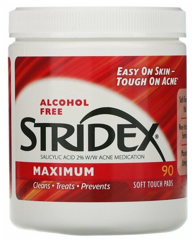 Stridex, Одношаговое средство от угрей, максимальная сила, без спирта, 90 мягких салфеток