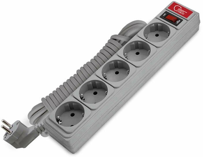 Удлинитель с сетевым фильтром 5х5м 10А IP21 ПВС 3х0.75 сер. Союз 1330