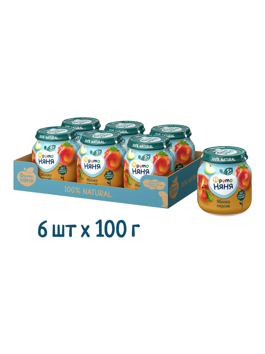 Пюре фруктовое ФрутоНяня яблоко и персик, с 5 месяцев, 100 г х 6 шт