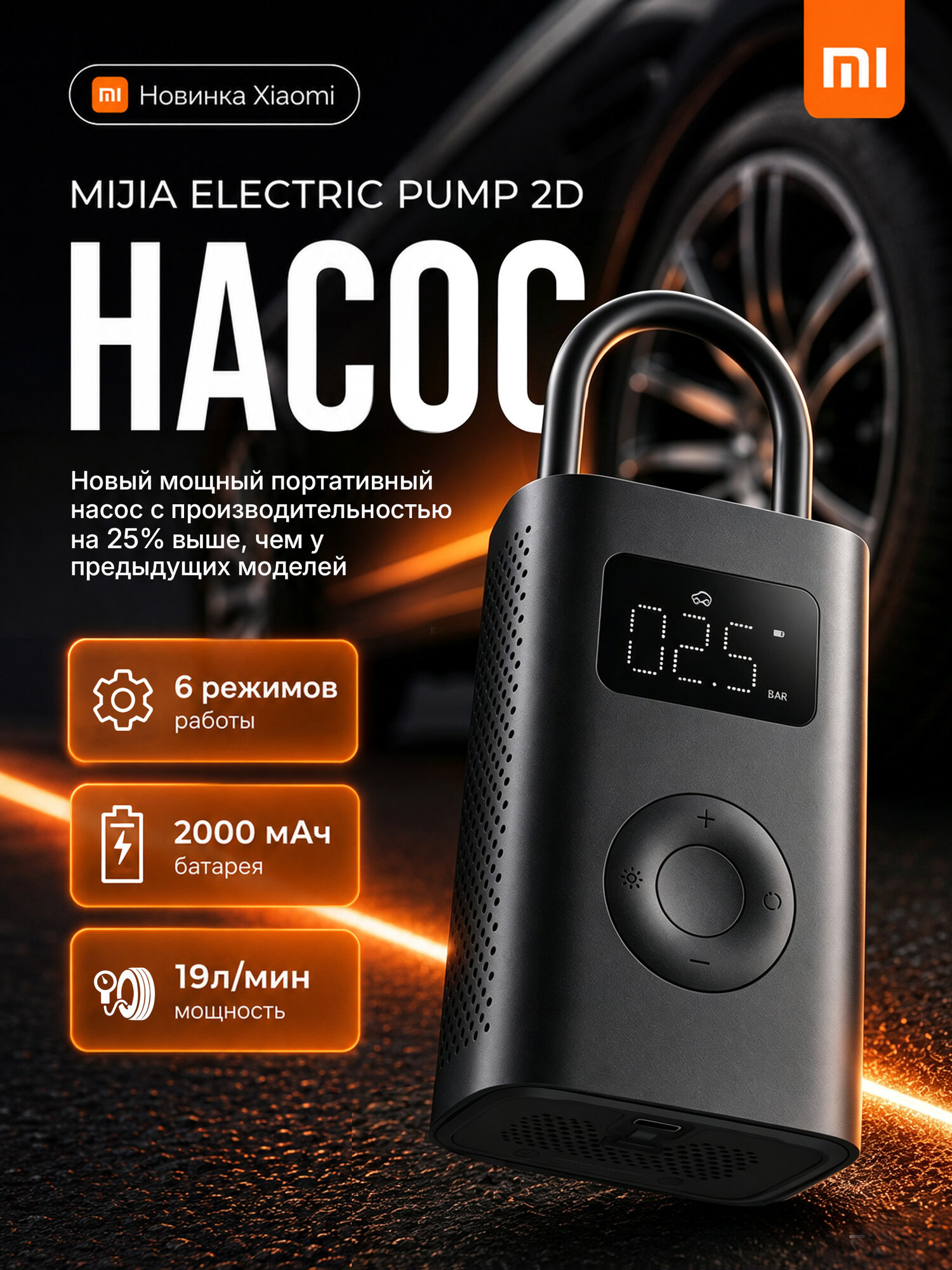Компрессор автомобильный Xiaomi Mijia Electric Pump 2D для накачивания шин, мячей и велосипедов