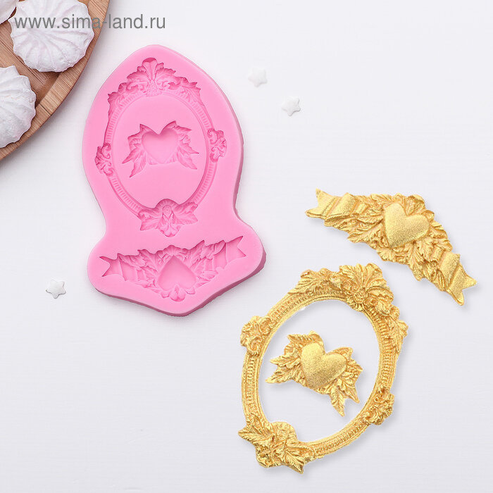 Молд для заливки Сердца, рамка, лепнина, силикон, 3 ячейки, 12.5×8.2×1.1 см, микс
