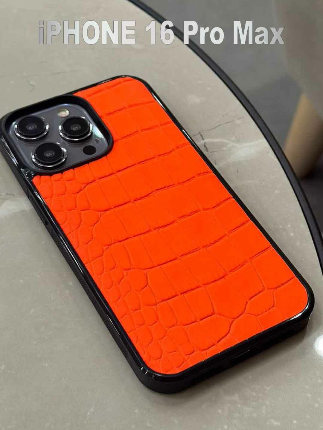 Ярко оранжевый чехол 16 Pro Max из кожи крокодила