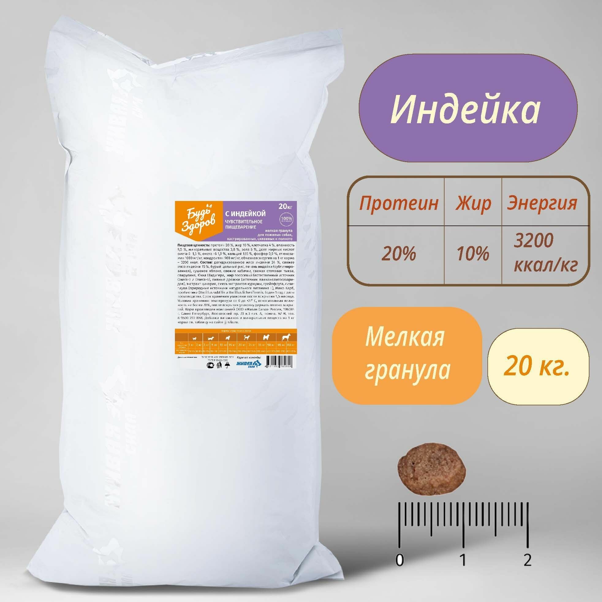 Корм сухой для собак Будь Здоров, с индейкой, 20кг. Для пожилых, стерилизованных, склонных к полноте. Мелкая гранула