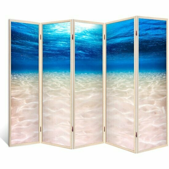 Ширма перегородка Декор Депо для комнаты деревянная "Под водой" двухсторонняя с картинкой (море) 5 створок кремовый дуб 176х230 см 18 кг