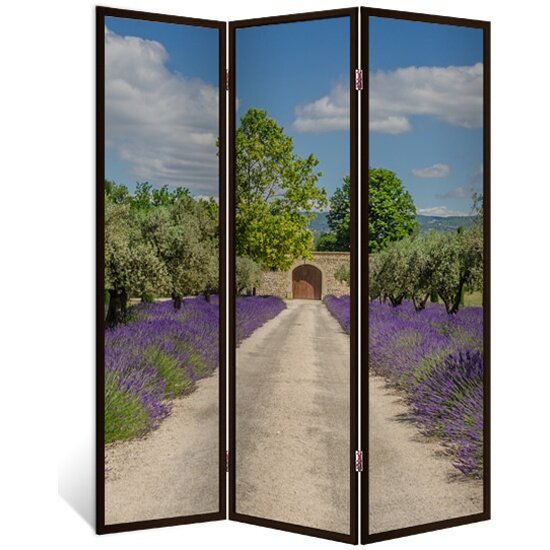 Ширма перегородка Декор Депо для комнаты деревянная "Дорога лаванды" двухсторонняя с картинкой (природа) 3 створки венге 176х140 см 11 кг