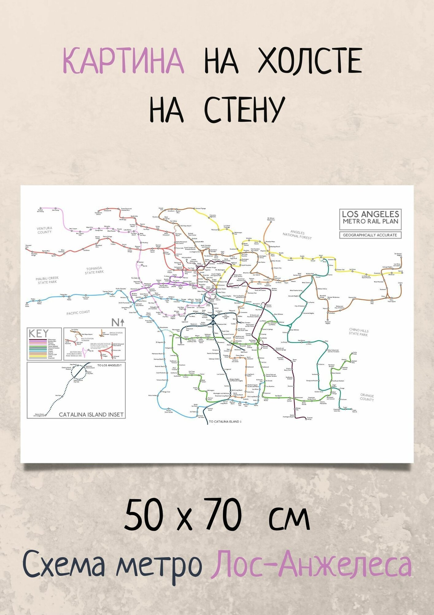 Картина на холсте интерьерная "Схема метро Лос-Анжелеса"
