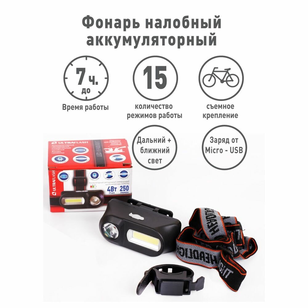 Фонарь налобный аккумуляторный фонарь кемпинговый 18650 / Ultraflash / 3,7 вольт, 15 режимов