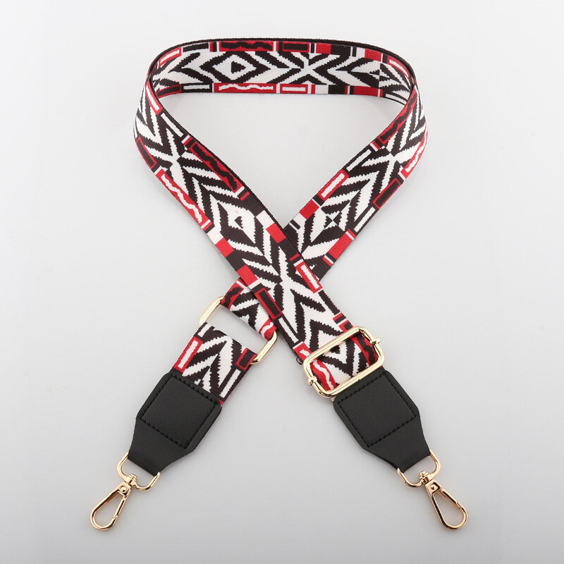 Плечевой ремень сумки, черно-бело-красный, кожаный, с золотой пряжкой