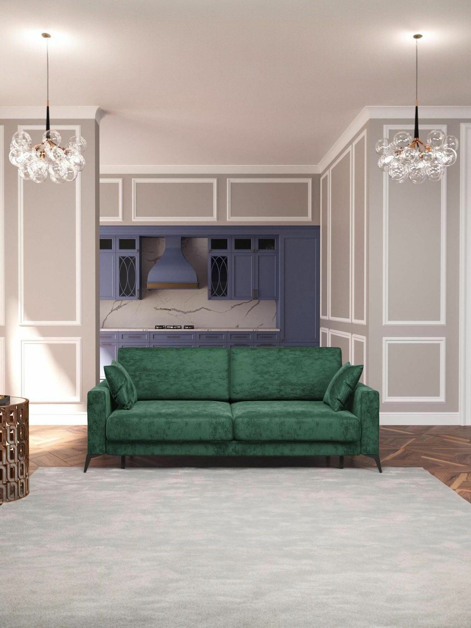 Прямой диван Manons Maison Наоми, раскладной механизм Еврокнижка (Тик-так), Велюр Зеленый, 226х106х74 см