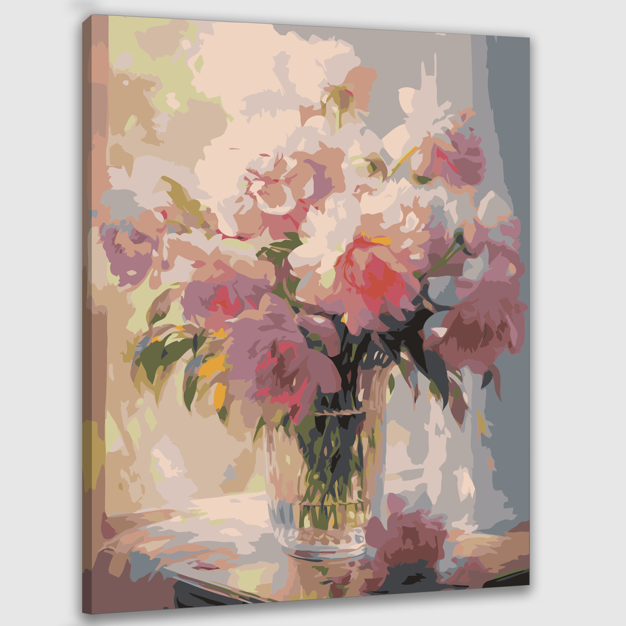 Картина по номерам 40x50 см, картина, масло, пионы, цвет, стеклянная ваза, свет, солнечный день, тени, рисунок, цвет