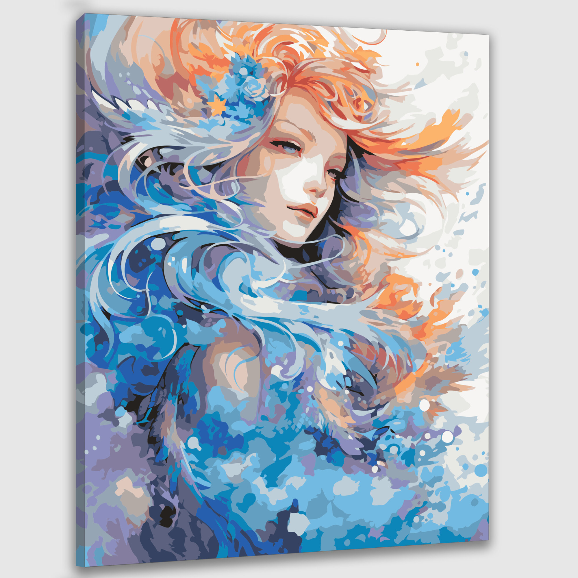 Картина по номерам 40x50 см, акварель, иллюстрация, морское существо, женщина-рыба, светящийся хвост, чешуя, аквамарин