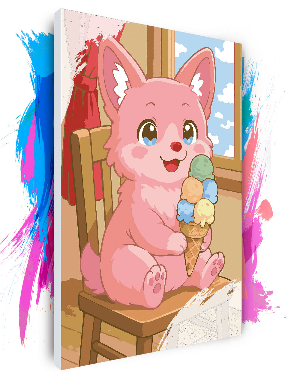 Картина по номерам на холсте Розовый корги с мороженым, 80 х 120 см