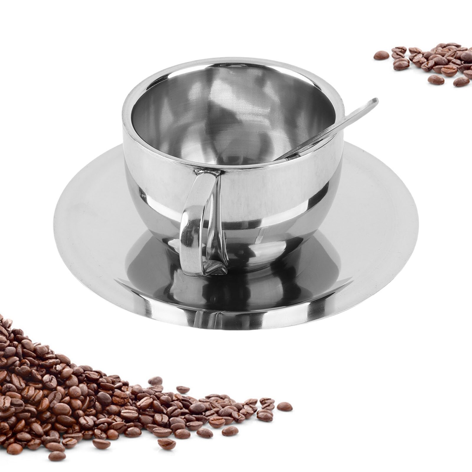 Кофейные чашки из нержавеющей стали с защитой от ожогов, кружки, чашки для эспрессо с набором ложек и блюдцев, посуда